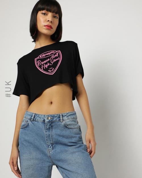 Buy Typographic Print Crop Crew-Neck T-shirt Online at Best Prices in ...