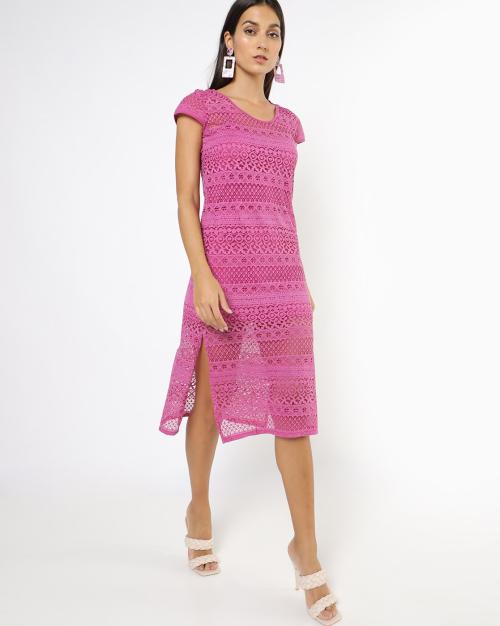 Buy Sheer Lace Shift Dress with Side Slits Online at Best Prices in ...