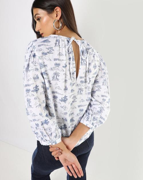 Buy Printed Round-Neck Blouse with Tie-Up Back Online at Best Prices in ...
