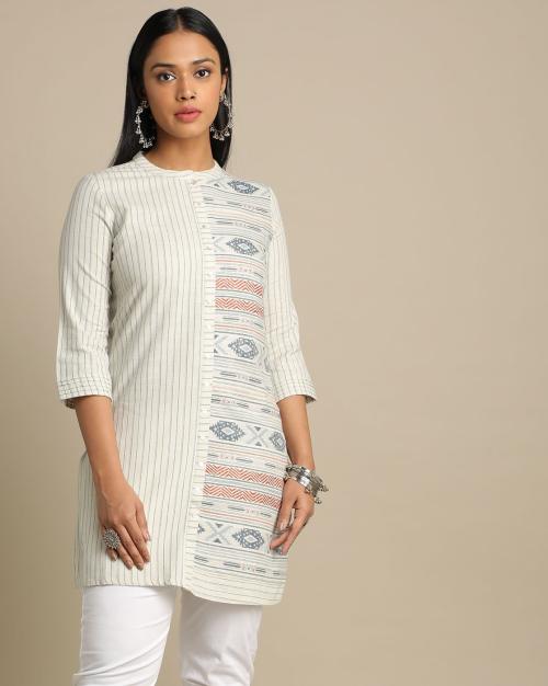 Buy Striped Tunic with Band Collar Online at Best Prices in India ...