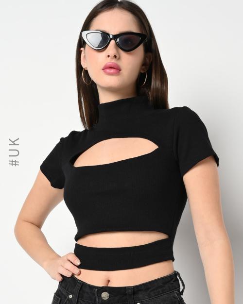 Buy Ribbed Short Sleeves Top with Cut-Out Online at Best Prices in ...