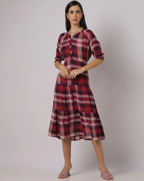 Buy Checked Tiered Dress with Puff Sleeves Online at Best Prices in ...