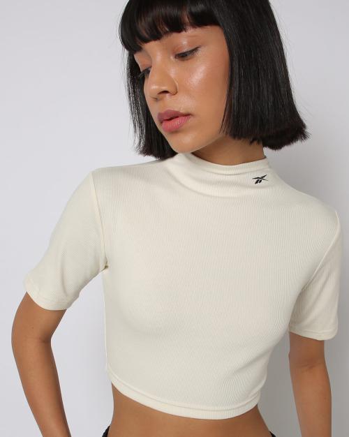 Buy High-Neck Ribbed Crop Top with Embroidered Logo Online at Best ...