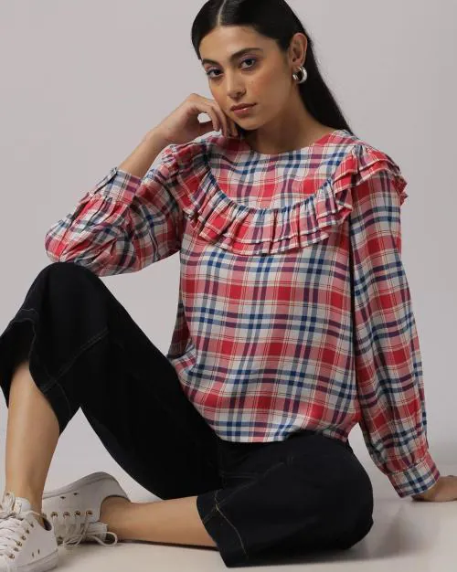 Buy Checked Top with Ruffle Accent Online at Best Prices in India ...