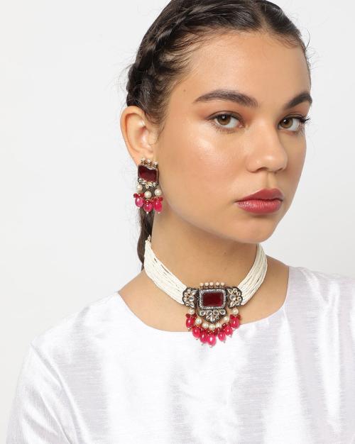 Buy Stone-Studded Beaded Choker Necklace & Earrings Set - TRSS22-123 ...