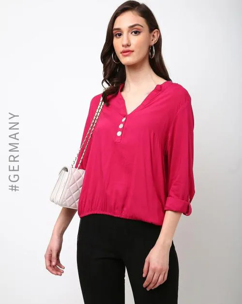 Buy Notched-Neckline Top with Elasticated Hem Online at Best Prices in ...