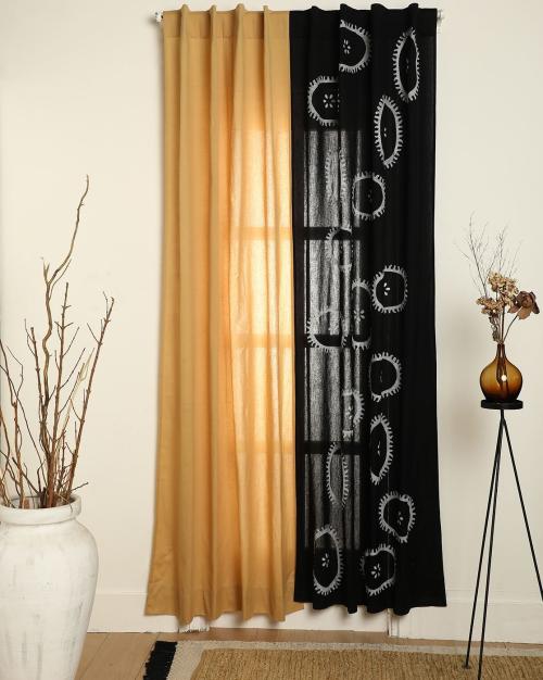 Buy Set of 2 Handblock & Plain Cotton Back Loop Door Curtains Online at ...