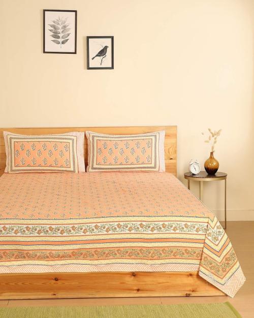 Buy Sanganer Print Cotton King Size Bedsheet with 2 Pillow Covers ...