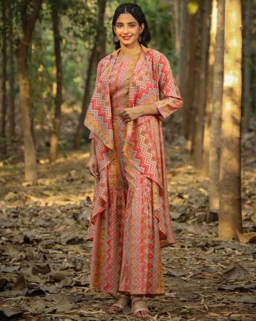 Buy Geometric Print Top & Sharara with Shrug Online at Best Prices in ...