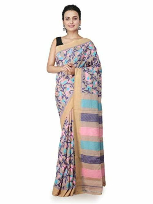 Buy Pinkloom Women Beige Woven Cotton Blend Jamdani Saree with Blouse Piece Online at Best ...