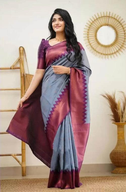 Buy BEKSHA Women Grey Solid, Plain Silk Blend Kanjivaram Saree Online ...