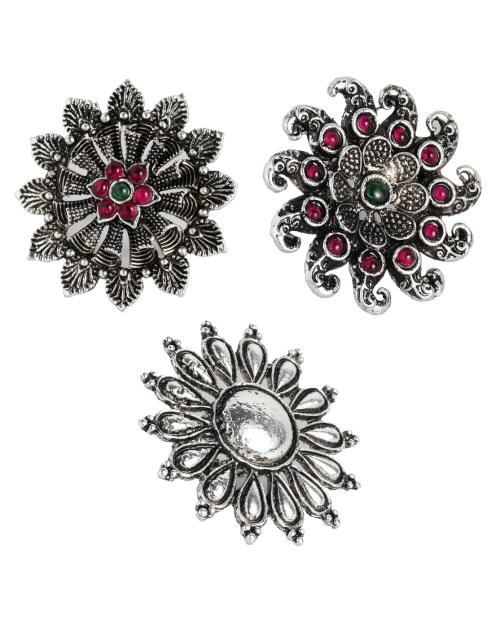 Buy Kord Store Silver Oxodised Ruby/Green Adjustable Finger Ring Combo ...