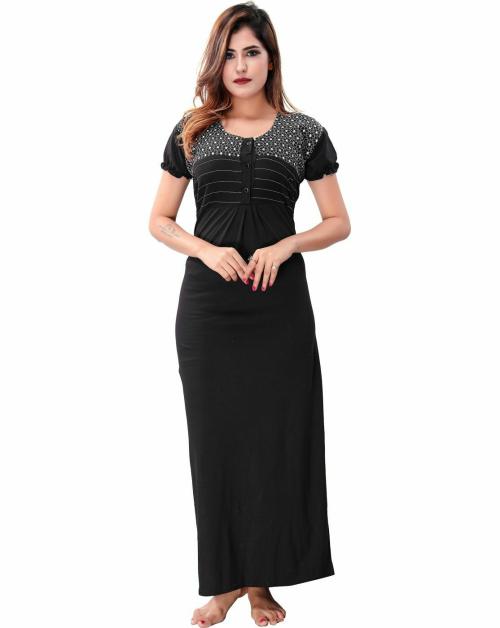 Buy BAILEY SELLS Women Black Embroidered Pure Cotton Nighty | Free Size ...