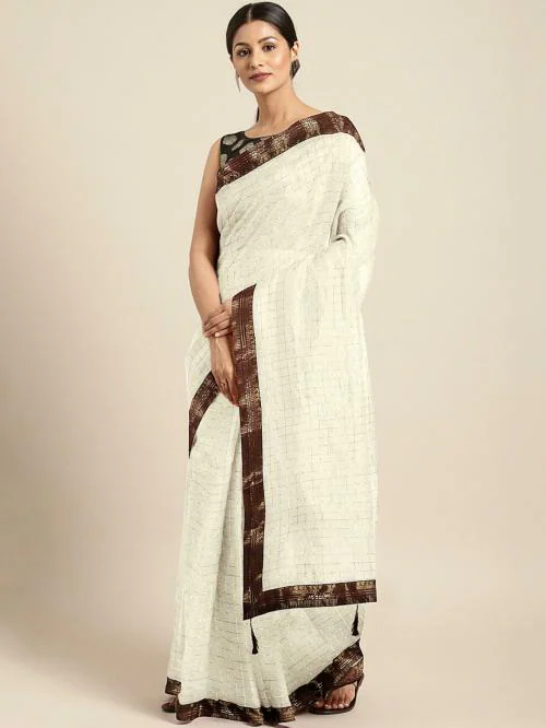 Buy Chhabra 555 Cream Banarasi Chanderi Checked Saree With Contrast ...