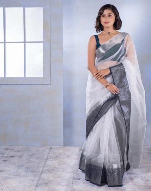 Buy Satrani Organza White Color Saree with Blouse piece | sarees for ...