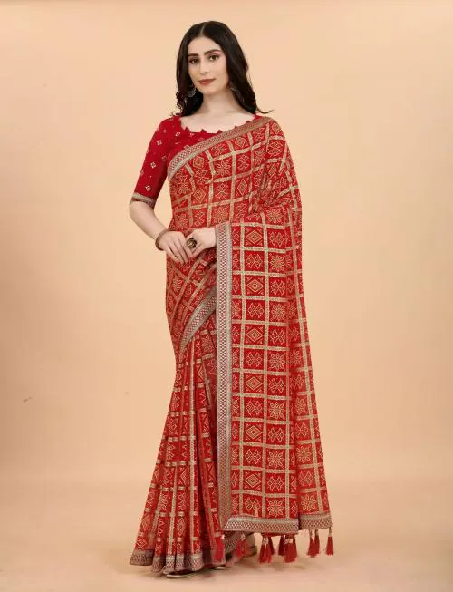 Buy SWIFFIN Most Demanding Art Silk Bandhani Red Saree For Women/Women Saree With Unstitched ...
