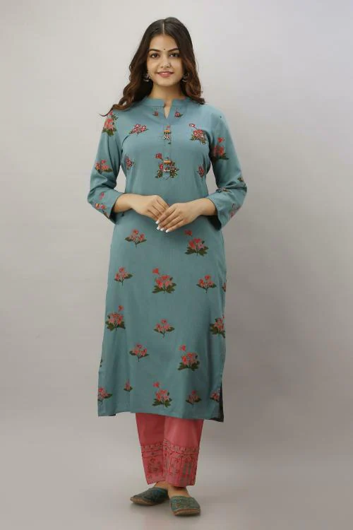 Buy AAYSA Women Blue Floral Viscose Blend Kurta Palazzo Set (M) Online ...