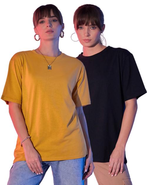 Buy Dimpy Garments Black Mustard Solid Oversized Round Neck Women Long T-Shirt Combo Pack of 2 ...