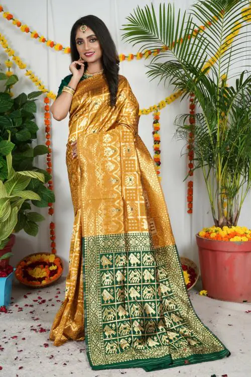 Buy SWIFFIN Most Polular Litchi Silk Bandhani Yellow & Green Saree For ...