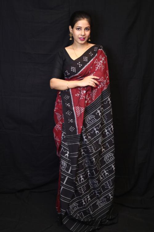 Buy BigRayn Maroon Black Odisha Handloom Chita Tribal Cotton Saree ...