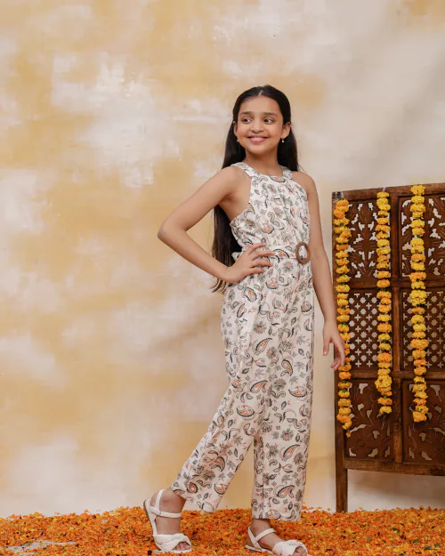 Buy Budding Bees Girls Paisey Printed Holter Neck Jumpsuit-Off White ...