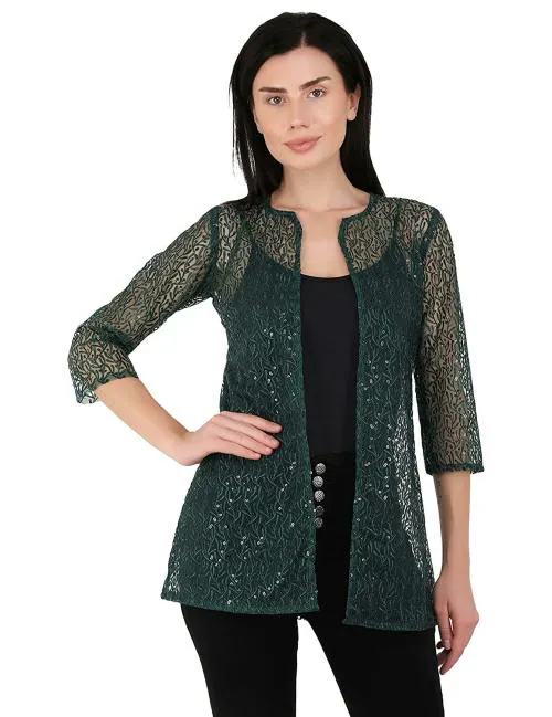 Buy UNFAKENOW Women Dark Green Embroidered Net Shrug (XL) Online at ...
