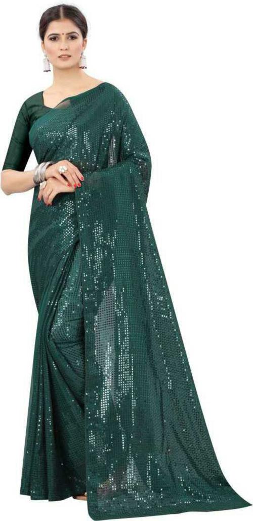 Buy Febo Fashion Women Green Embellished Georgette Single Saree Online ...