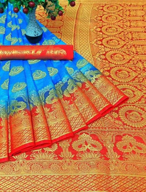 Buy Mansh the stylo..Women Light Blue, Red Woven Jacquard Banarasi ...