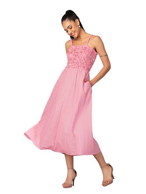 Buy White and Red Stripes Smocked Body Spaghetti Midi Dress Incomplete ...