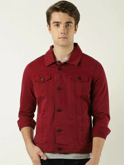 Buy Klizen Men Maroon Solid Denim Full Sleeve Jacket Online at Best ...