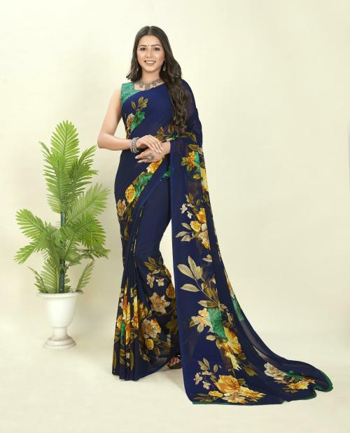 Buy Anand Women Dark Blue Floral Georgette Single Saree Saree for women ...