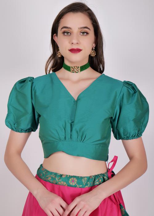 Buy FR Frolic Rolic Women's Girls Silk Puff Sleeve Solid V-Neck Crop ...