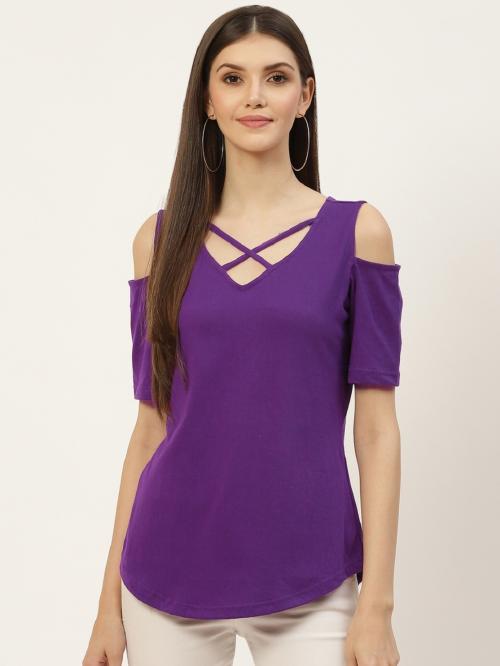 Buy BRINNS Women Purple Cotton Solid Cold-Shoulder Sleeves Top Online at Best Prices in India ...