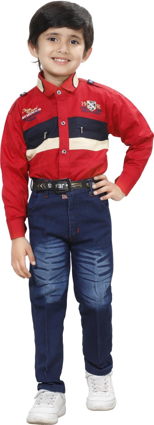Buy Dkgf Fashion Boys Red Self Design Cotton Blend Shirt Jeans Online ...