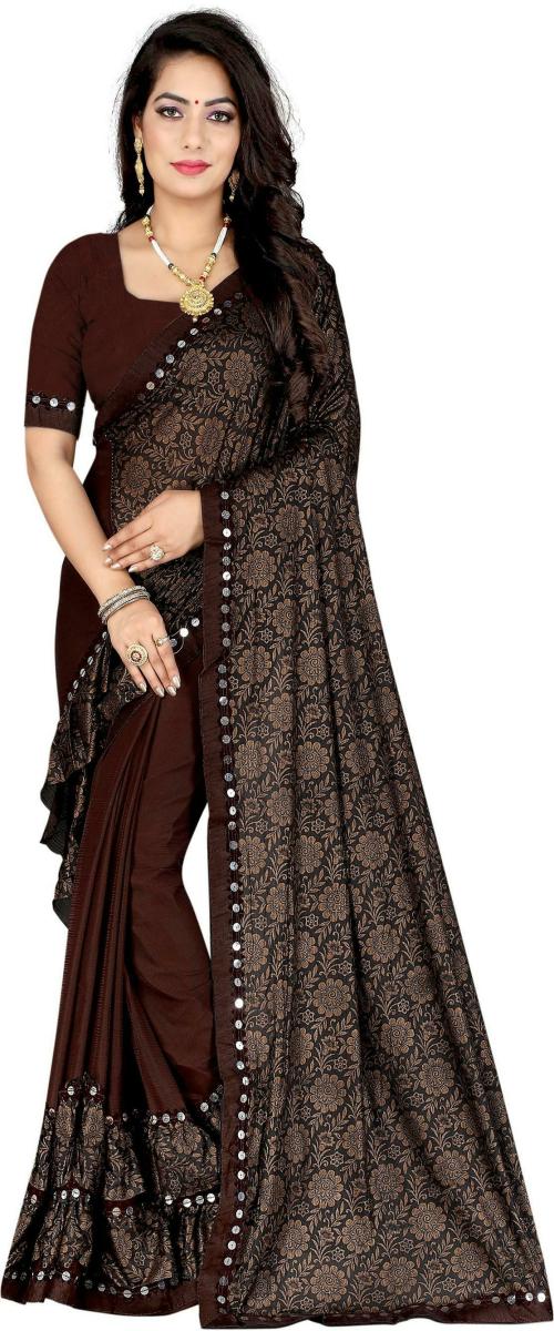 Buy Stylish Sarees Women Brown Self Design and Printed Lycra Blend ...