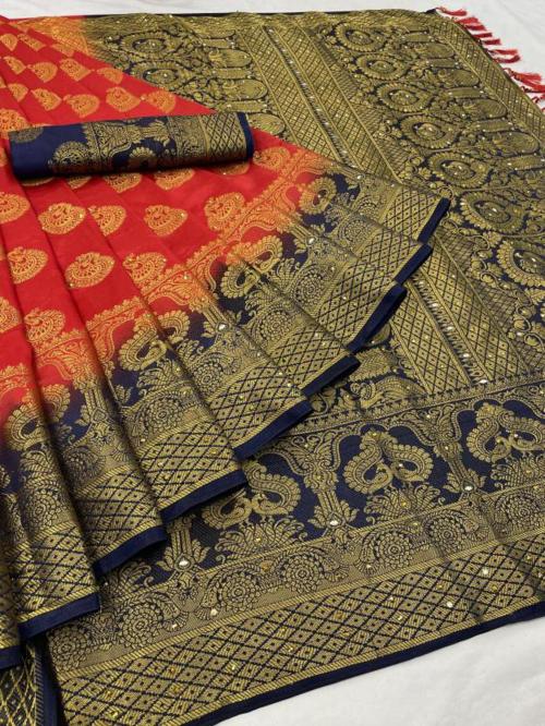 Buy Mansh the stylo..Women Red, Dark Blue Striped Jacquard Kanjivaram ...