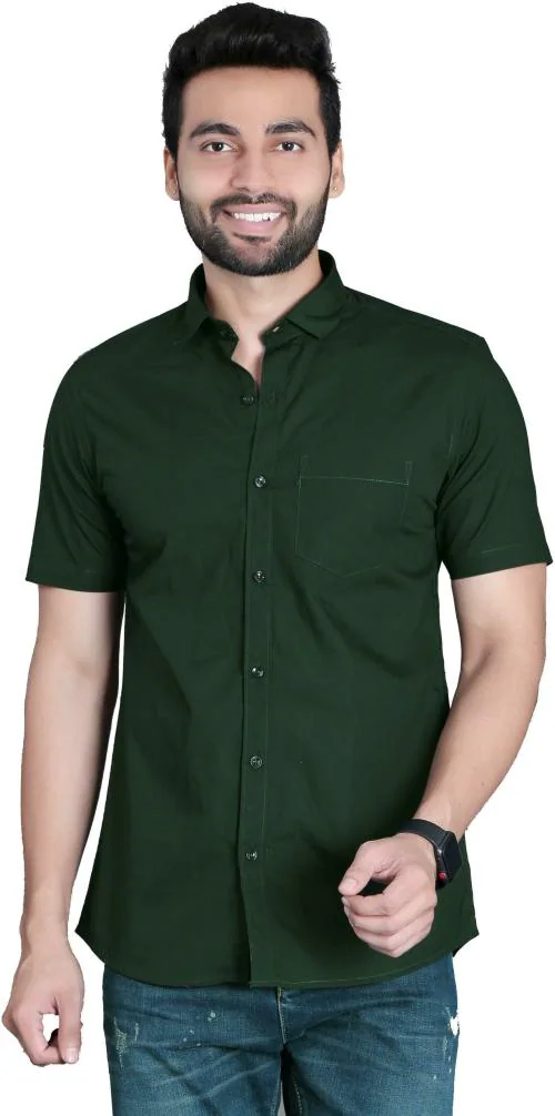 Buy 5TH ANFOLD Mens Pure Cotton Slim Collar Half Sleev Dark Green Solid ...