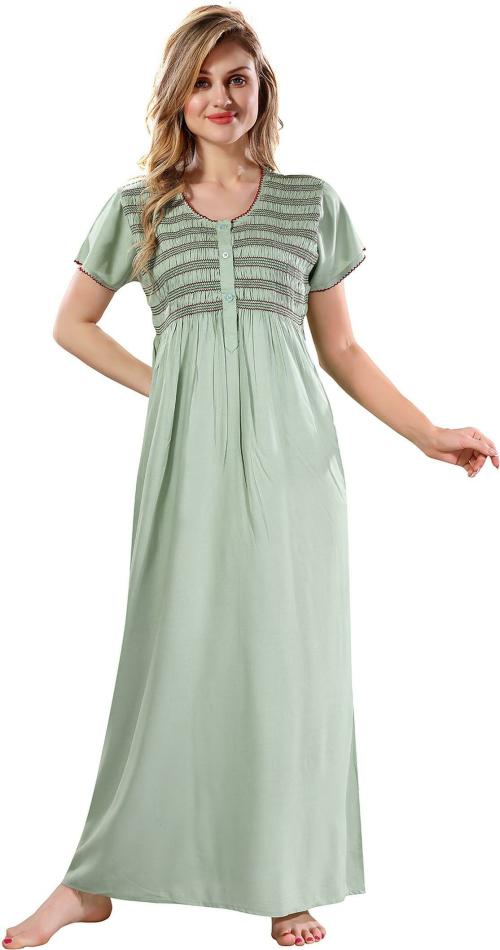Buy Be You Women Pistachio Green Self Design Viscose Rayon Nighty ...