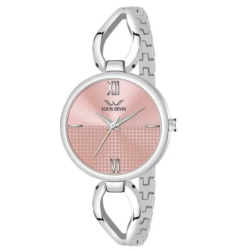 LOUIS DEVIN Analog Pink Dial Silver Plated Bracelet Starp Wrist Watches ...