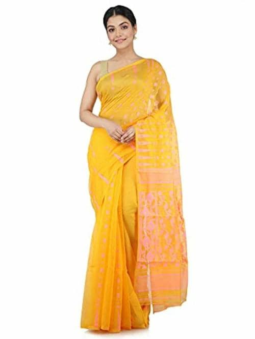 Buy PinkLoom Women Yellow Handloom Pure Cotton Jamdani Saree Without Blouse Piece Online at Best ...