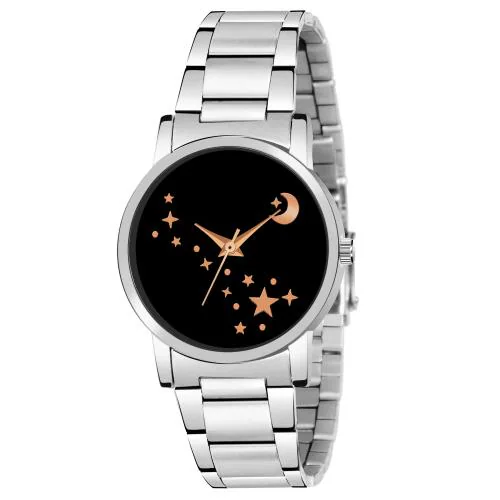 Buy ILOZ New Stylish Black Moon Dial Elegant Design silver steel Belt ...