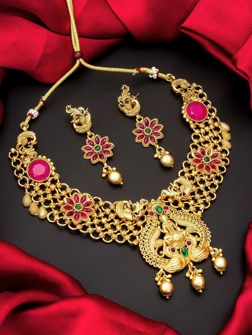 Buy AADITA Gold-plated Brass Necklace, Chain & Earring Set (Multi Color ...