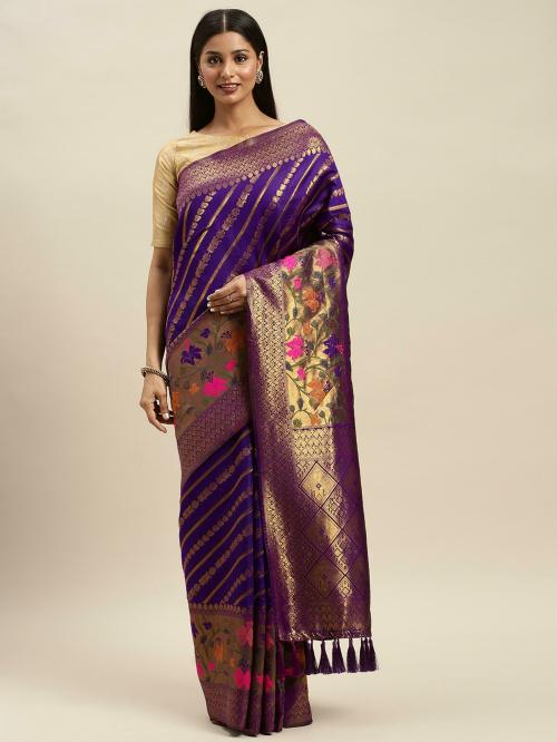 Buy VASTRANAND Women Navy Blue Silk Cotton Woven Design Saree Online at ...