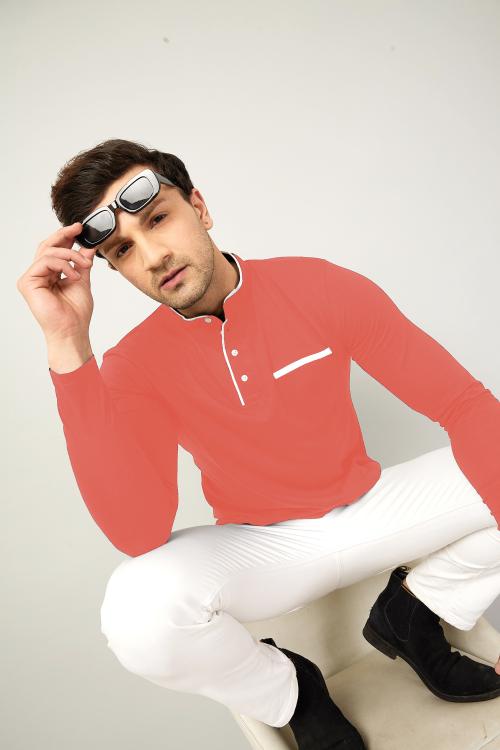 Buy Ausk Peach & White Solid Mandarin Collar Full Sleeve T-Shirt Online ...