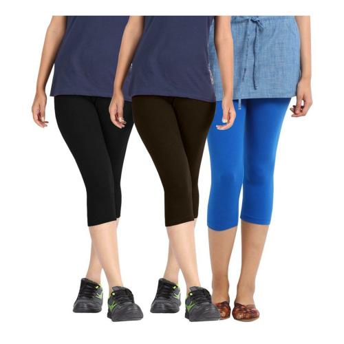 Buy Pixie Store Women Multicolor Solid Cotton Lycra Capris (Pack of 3) Online at Best Prices in ...