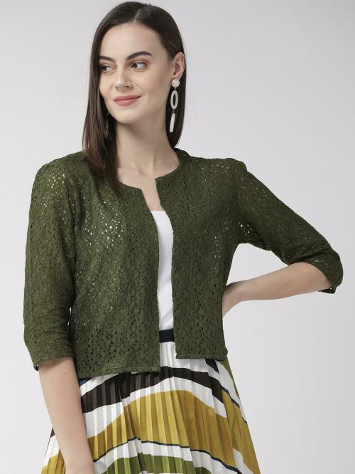 Buy Style Quotient Women Olive Green Self Design Open Front Crop Shrug ...