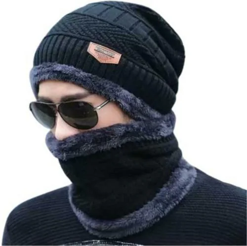Buy Arsha Lifestyle Unisex Black Solid Wool Beanie With Muffler Set (L) Online at Best Prices in ...