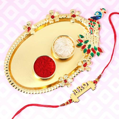 Buy Silver Shine Red Gold Mauli Thread Thali And Rakhi Combo Pack (Pack ...