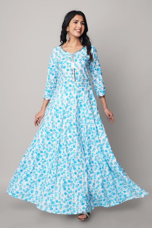 Buy God Bless Light Blue Floral Printed Flared Anarkali Dress With Lace ...
