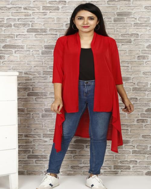 Buy BuyNewTrend Red Plain Hosiery Lycra Long Shrug For Women Online at ...